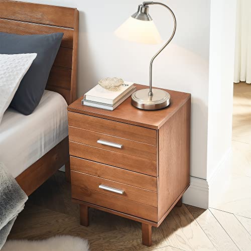 BIKAHOM Camden Nightstand, Solid Wood Bedside Table, 2 Drawer Mid Century Modern Nightstand with Storage, Small Side End Table, Wooden Bedroom Furniture, Walnut Finish, 1 Nightstand