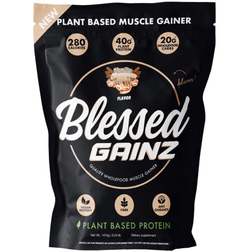 BLESSED Gainz Vegan Protein Powder Mass Gainer - 40g Plant Based Protein Powder - Meal Replacement Shake with Pea Protein Powder - Vegan Protein Shake - 40 Servings (Vanilla Cinnamon Swirl)