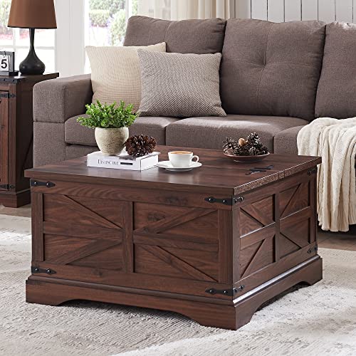 JXQTLINGMU Farmhouse Coffee Table, Square Wood Center Table with Large Hidden Storage Compartment for Living Room, Rustic Cocktail Table with Hinged Lift Top for Home, Brown