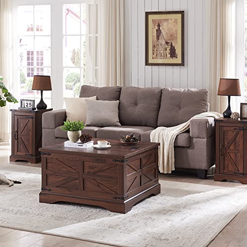 JXQTLINGMU Farmhouse Coffee Table, Square Wood Center Table with Large Hidden Storage Compartment for Living Room, Rustic Cocktail Table with Hinged Lift Top for Home, Brown