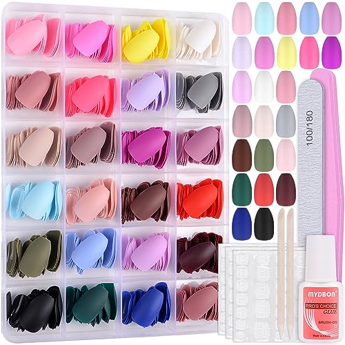 EYL Short Press on Nails Coffin 24Packs 576PCS Matte Ballerina Acrylic Fake Nails Full Cover Glue On Nails Medium Length Nail Adhesive Tabs Nail File Nail Sticks for Women Girls DIY 24 Colors