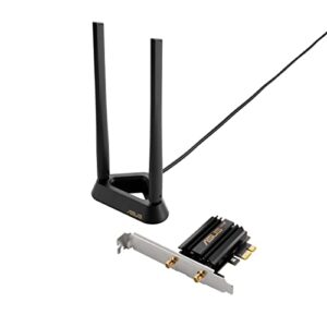 asus pce-axe59bt wifi6 6e ax5400 pci-e adapter with 2 external antennas and magnetized base. supporting 6ghz band, 160mhz, bluetooth 5.2, wpa3 network security, ofdma and mu-mimo