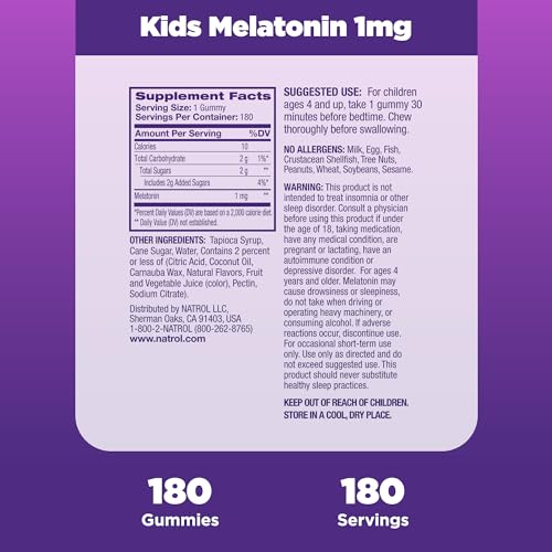 Natrol Kids Melatonin 1mg, Dietary Supplement for Restful Sleep, 180 Berry-Flavored Gummies, 180 Day Supply