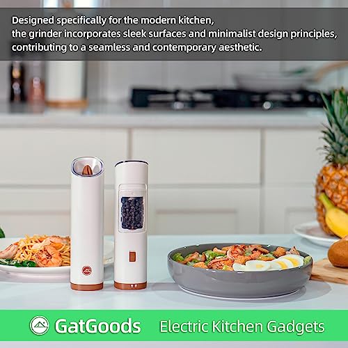 GATGOODS Gravity Electric Salt and Pepper Grinder Set, Adjustable Coarseness, Warm LED Light, One-handed Automatic Operation, Battery Powered, White, Electric Pepper Mills