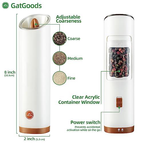 GATGOODS Gravity Electric Salt and Pepper Grinder Set, Adjustable Coarseness, Warm LED Light, One-handed Automatic Operation, Battery Powered, White, Electric Pepper Mills