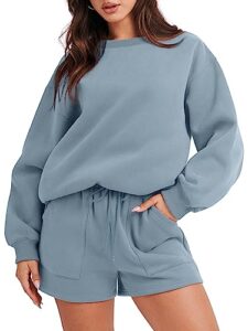 anrabess women 2 piece lounge set fall outfits sweatsuit fleece oversized crewneck sweatshirt loungewear shorts 2023 casual cozy pajamas macthing tracksuit set 1047huilan-xl