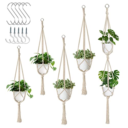 5 Pack Macrame Plant Hangers, Indoor Hanging Plant Holder with S Hooks and Hook Nails, 3 Sizes 34"/40"/54", Handmade Macrame Planter Hanging Baskets for Small Plant Pots, Boho Home Decor (Beige)