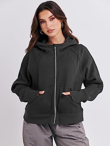 ANRABESS Hoodies for Women Casual Long Sleeve Jackets Oversized Fleece Sweatshirts Zip Up 2023 Y2k Hooded Teen Girl Tops Trendy Fall Clothing Black A1015heise-L