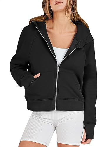 ANRABESS Hoodies for Women Casual Long Sleeve Jackets Oversized Fleece Sweatshirts Zip Up 2023 Y2k Hooded Teen Girl Tops Trendy Fall Clothing Black A1015heise-L