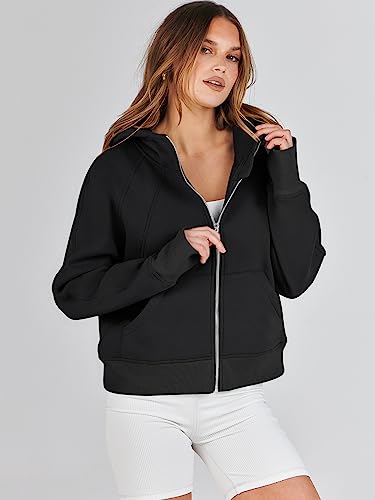 ANRABESS Hoodies for Women Casual Long Sleeve Jackets Oversized Fleece Sweatshirts Zip Up 2023 Y2k Hooded Teen Girl Tops Trendy Fall Clothing Black A1015heise-L