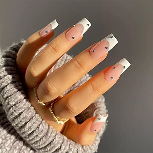 White French Tip Press on Nails Medium Coffin Fake Nails Artificial False Nails with Rhinestones Designs Full Cover Stick on Acrylic Nails Glossy Glue on Nails for Women