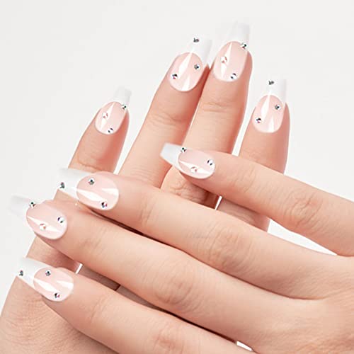 White French Tip Press on Nails Medium Coffin Fake Nails Artificial False Nails with Rhinestones Designs Full Cover Stick on Acrylic Nails Glossy Glue on Nails for Women