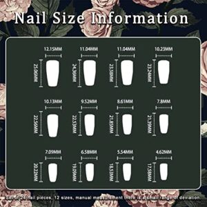 White French Tip Press on Nails Medium Coffin Fake Nails Artificial False Nails with Rhinestones Designs Full Cover Stick on Acrylic Nails Glossy Glue on Nails for Women