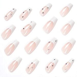 White French Tip Press on Nails Medium Coffin Fake Nails Artificial False Nails with Rhinestones Designs Full Cover Stick on Acrylic Nails Glossy Glue on Nails for Women