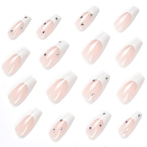 White French Tip Press on Nails Medium Coffin Fake Nails Artificial False Nails with Rhinestones Designs Full Cover Stick on Acrylic Nails Glossy Glue on Nails for Women