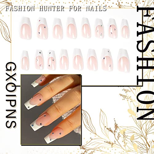 White French Tip Press on Nails Medium Coffin Fake Nails Artificial False Nails with Rhinestones Designs Full Cover Stick on Acrylic Nails Glossy Glue on Nails for Women