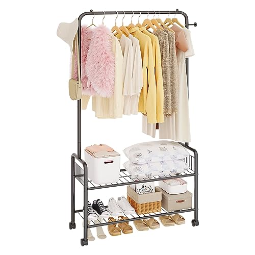 JIUYOTREE Rolling Clothes Rack 35.4 Inches Freestanding Metal Clothing Rack with 2-Tier Storage Racks Garment Coat Rack with Wheels for Clothes Shoes Hats Bags Black