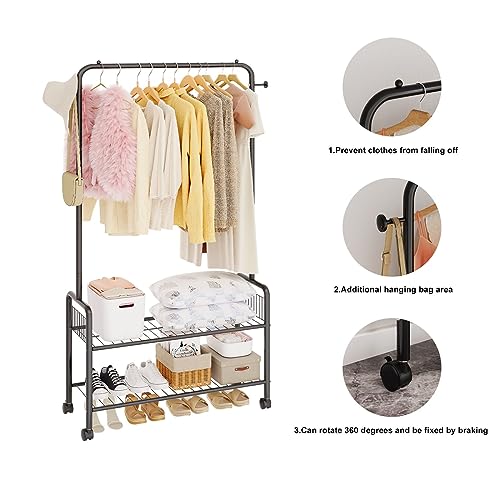 JIUYOTREE Rolling Clothes Rack 35.4 Inches Freestanding Metal Clothing Rack with 2-Tier Storage Racks Garment Coat Rack with Wheels for Clothes Shoes Hats Bags Black