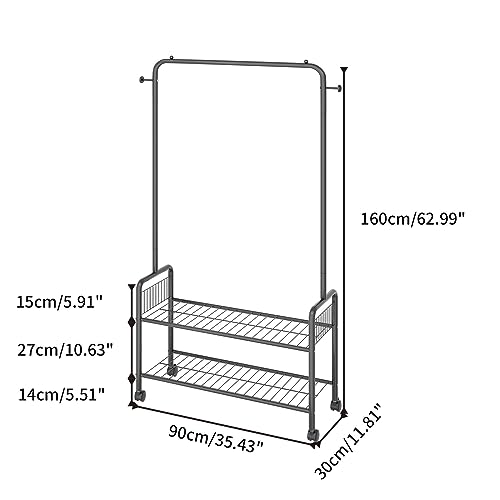 JIUYOTREE Rolling Clothes Rack 35.4 Inches Freestanding Metal Clothing Rack with 2-Tier Storage Racks Garment Coat Rack with Wheels for Clothes Shoes Hats Bags Black