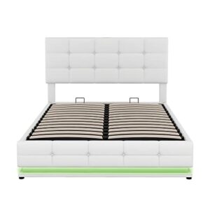 Harper & Bright Designs Full Lift Storage Bed with LED Lights and USB Charger, PU Upholstered Full Platform Bed with Hydraulic Storage System, No Box Spring Needed (Full, White)