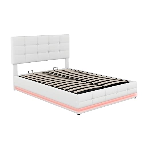 Harper & Bright Designs Full Lift Storage Bed with LED Lights and USB Charger, PU Upholstered Full Platform Bed with Hydraulic Storage System, No Box Spring Needed (Full, White)