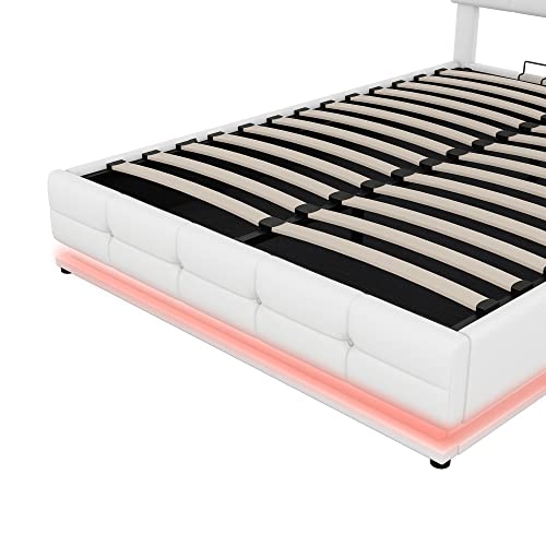 Harper & Bright Designs Full Lift Storage Bed with LED Lights and USB Charger, PU Upholstered Full Platform Bed with Hydraulic Storage System, No Box Spring Needed (Full, White)