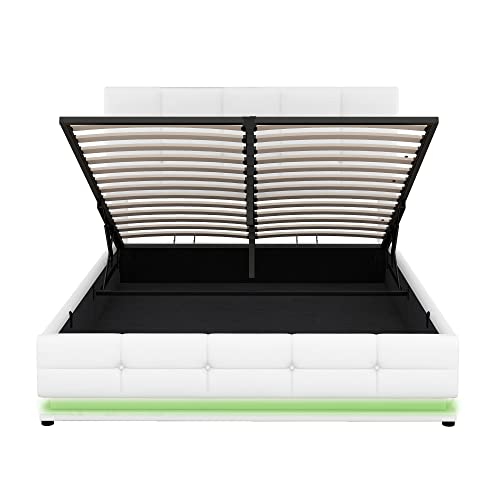 Harper & Bright Designs Full Lift Storage Bed with LED Lights and USB Charger, PU Upholstered Full Platform Bed with Hydraulic Storage System, No Box Spring Needed (Full, White)