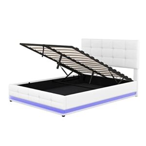 Harper & Bright Designs Full Lift Storage Bed with LED Lights and USB Charger, PU Upholstered Full Platform Bed with Hydraulic Storage System, No Box Spring Needed (Full, White)