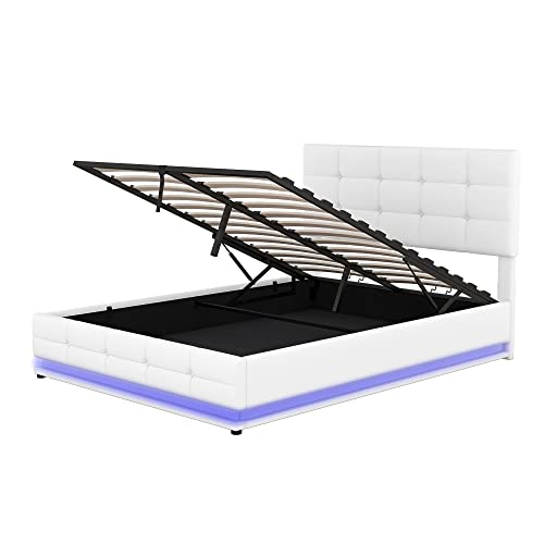 Harper & Bright Designs Full Lift Storage Bed with LED Lights and USB Charger, PU Upholstered Full Platform Bed with Hydraulic Storage System, No Box Spring Needed (Full, White)