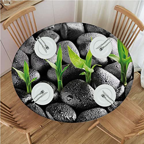 NJZOXR Seamless Table Cloth for Round Tables Wooden Boards Oil Proof Waterproof Tablecloth for Picnic Party Basalt Stones Bamboo Fits up 40"-44" Diameter Tables