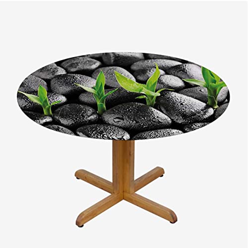 NJZOXR Seamless Table Cloth for Round Tables Wooden Boards Oil Proof Waterproof Tablecloth for Picnic Party Basalt Stones Bamboo Fits up 40"-44" Diameter Tables