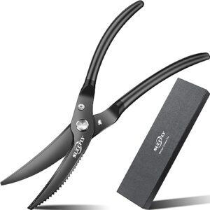 premium kitchen shears heavy duty, kitchen scissors stainless steel, black titanium plated ultra sharp food scissors, poultry shears for bone, chicken, meat, fish, anti-slip handle & spring loaded