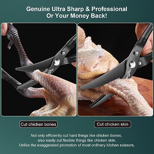 Premium Kitchen Shears Heavy Duty, Kitchen Scissors Stainless Steel, Black Titanium Plated Ultra Sharp Food Scissors, Poultry Shears for Bone, Chicken, Meat, Fish, Anti-Slip Handle & Spring Loaded