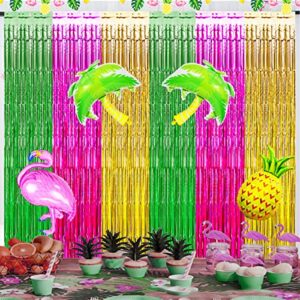 Luau Hawaiian Party Decorations, Flamingo Party Decorations, Green Rose Red and Yellow Foil Fringe Backdrop, Beach Bachelorette Streamer for Tropical Hawaiian Aloha Party Decorations(3 Pack)