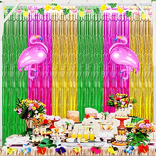 Luau Hawaiian Party Decorations, Flamingo Party Decorations, Green Rose Red and Yellow Foil Fringe Backdrop, Beach Bachelorette Streamer for Tropical Hawaiian Aloha Party Decorations(3 Pack)