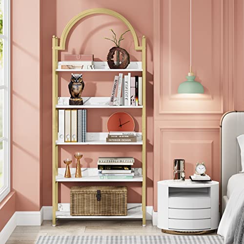 72.44" Modern Gold Arched Bookshelf 5 Shelf Open Bookcase for Bedroom Living Room 80cm L* 30cm W * H White Contemporary Metal Includes Hardware