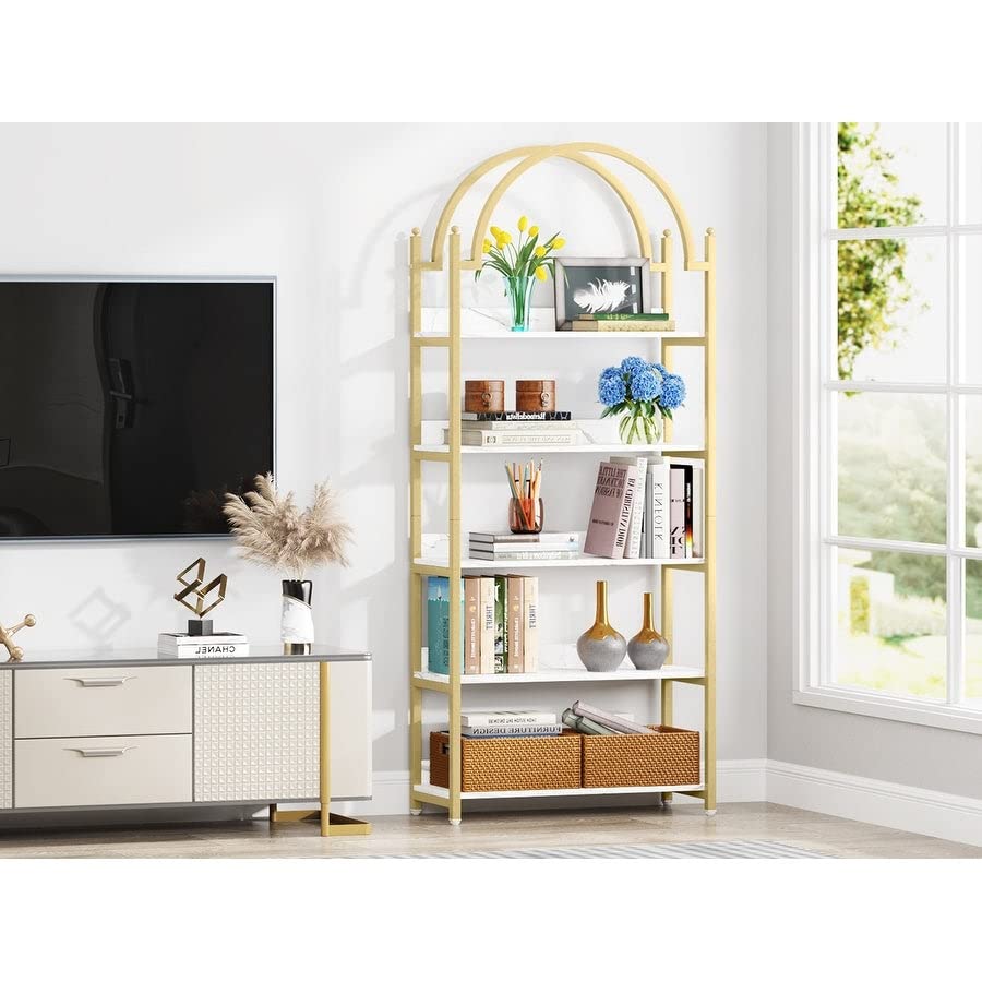 72.44" Modern Gold Arched Bookshelf 5 Shelf Open Bookcase for Bedroom Living Room 80cm L* 30cm W * H White Contemporary Metal Includes Hardware