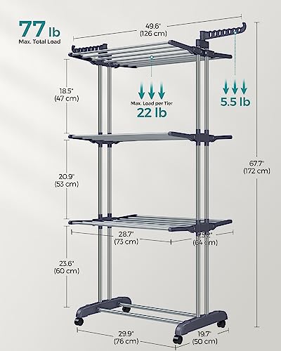 SONGMICS Clothes Drying Rack Stand 4-Tier, Foldable Laundry Drying Rack 67.7-Inch Tall, Stainless Steel, Rolling Clothes Horses Dryer Rack, Easy to Assemble, Indoor Outdoor Use, Gray ULLR701G01