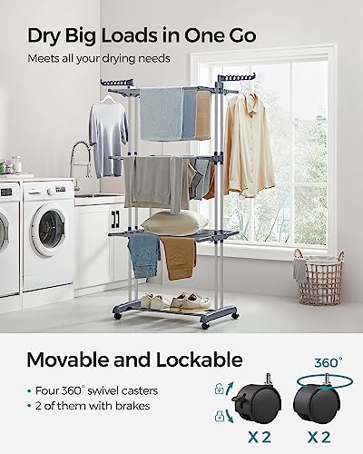 SONGMICS Clothes Drying Rack Stand 4-Tier, Foldable Laundry Drying Rack 67.7-Inch Tall, Stainless Steel, Rolling Clothes Horses Dryer Rack, Easy to Assemble, Indoor Outdoor Use, Gray ULLR701G01