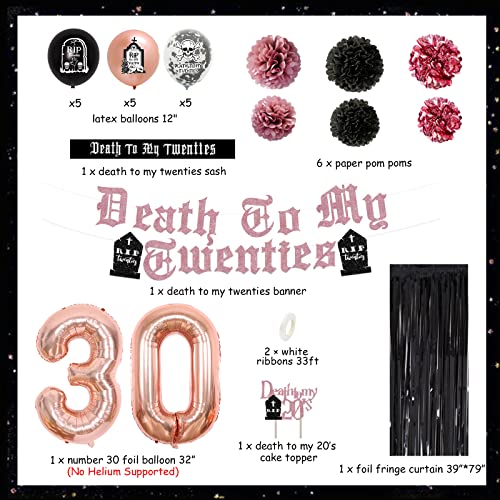 Rip Twenties Birthday Decorations, 30th Birthday Party Supplies for Women Black and Rose Gold, Death to My Twenties Banner Sash Balloons Paper Pom Poms Fringe Curtain