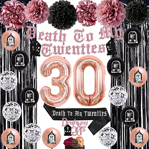 Rip Twenties Birthday Decorations, 30th Birthday Party Supplies for Women Black and Rose Gold, Death to My Twenties Banner Sash Balloons Paper Pom Poms Fringe Curtain