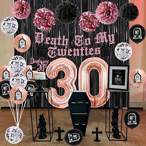 Rip Twenties Birthday Decorations, 30th Birthday Party Supplies for Women Black and Rose Gold, Death to My Twenties Banner Sash Balloons Paper Pom Poms Fringe Curtain