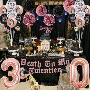 Rip Twenties Birthday Decorations, 30th Birthday Party Supplies for Women Black and Rose Gold, Death to My Twenties Banner Sash Balloons Paper Pom Poms Fringe Curtain