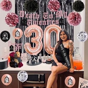 Rip Twenties Birthday Decorations, 30th Birthday Party Supplies for Women Black and Rose Gold, Death to My Twenties Banner Sash Balloons Paper Pom Poms Fringe Curtain