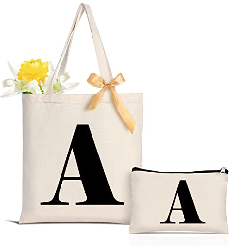 AUNOOL Initial Canvas Tote Bag Makeup Bag Birthday Gifts for Women Personalized Beach Bags 2 Inner Pockets Bridesmaid Gifts Reusable Gift Bags with Handles Monogrammed Gifts for Friends Mom Letter A