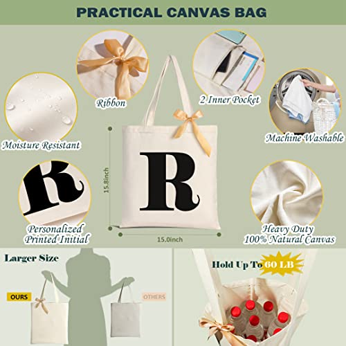 AUNOOL Initial Canvas Tote Bag Makeup Bag Birthday Gifts for Women Personalized Beach Bags 2 Inner Pockets Bridesmaid Gifts Reusable Gift Bags with Handles Monogrammed Gifts for Friends Mom Letter A