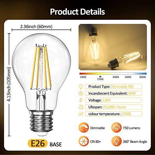 CRIRY Dimmable LED Light Bulbs 60W Equivalent, 6W, 2700K Warm Soft White Light LED Bulbs, A19 LED Bulb Clear 60W for Living Room Bedroom Bathroom Outdoor, 750LM, E26 Base, 6Packs