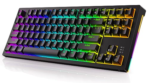 TECURS Wireless Gaming Keyboard, 80% TKL Mechanical Keyboard RGB Programmable Wired/2.4Ghz/Bluetooth Backlit Keyboard 87 Keys Compact Gamer Keyboard with Red Switch for Windows Mac PC Laptop