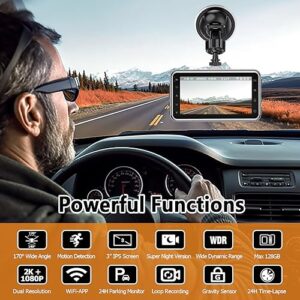 Diamond Lark Dash Camera Built-in WiFi, 2K Front and 1080P Rear Dual Dash Cam, Car Dashcam with Free 64G SD Card,3'' IPS Screen,170° Wide Angle,HD Night Vision,WDR, 24H Parking Monitor, Loop Recording