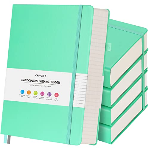 OFFIGIFT 5 Pack College Ruled Notebook, 312 Numbered Pages Thick Notebooks Bulk, 100gsm No Bleed Paper Hardcover Leather Journal, Lined Journal Notebook Set for Women Men School Office, A5, Teal